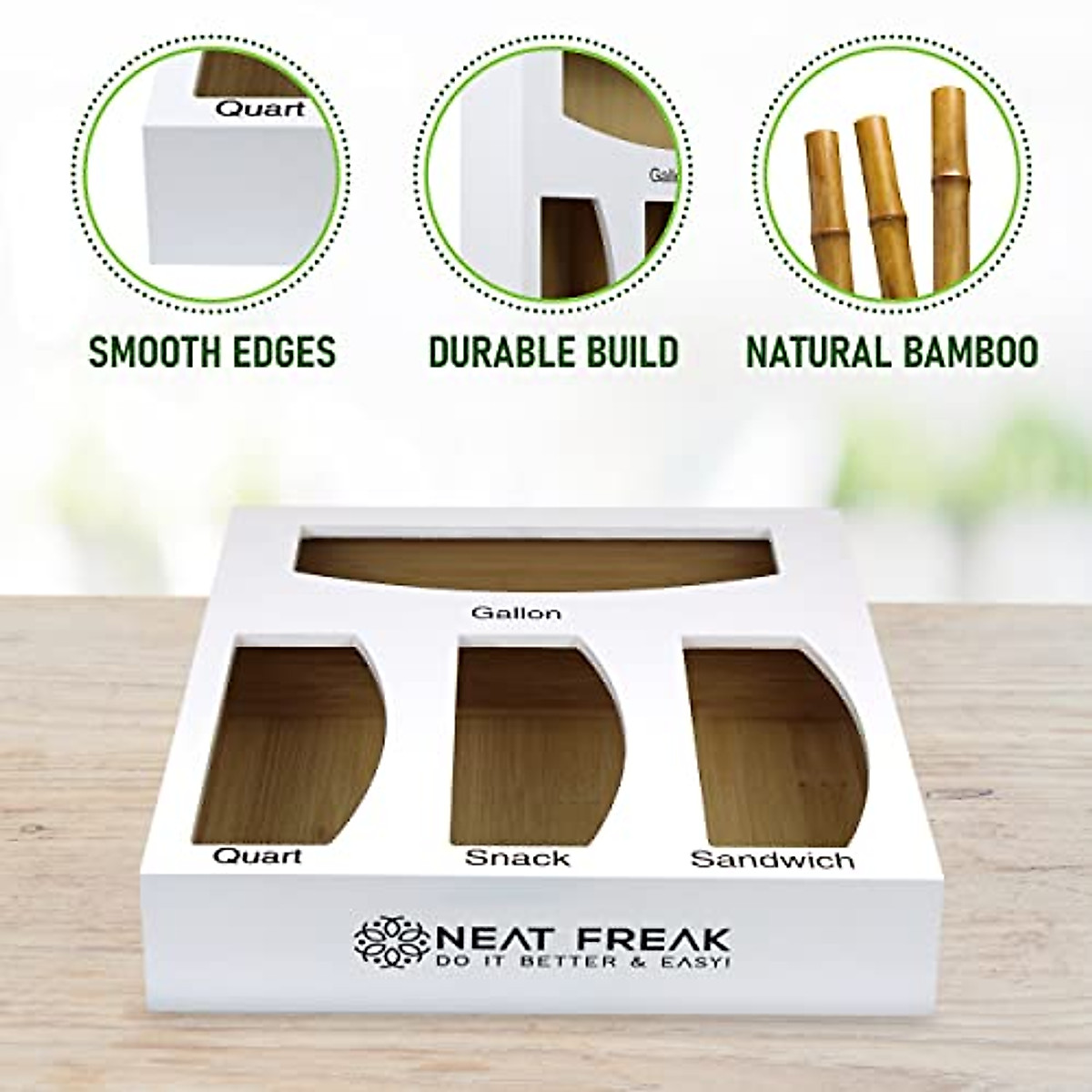 Neat Freak Baggie Organizer Dispenser – 4-in-1 Ziploc Bag Storage Organizer for Drawer – Bamboo Baggie Organizer For Wall– Ziploc Bag Organizer for Quart, Snack, Gallon, Sandwich - White Color.