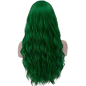 Sallcks Womens Long Curly Wavy Green Wig with Bangs Halloween Cosplay Costume Full Wigs Synthetic Fiber Green Hair Wigs with Wig Cap