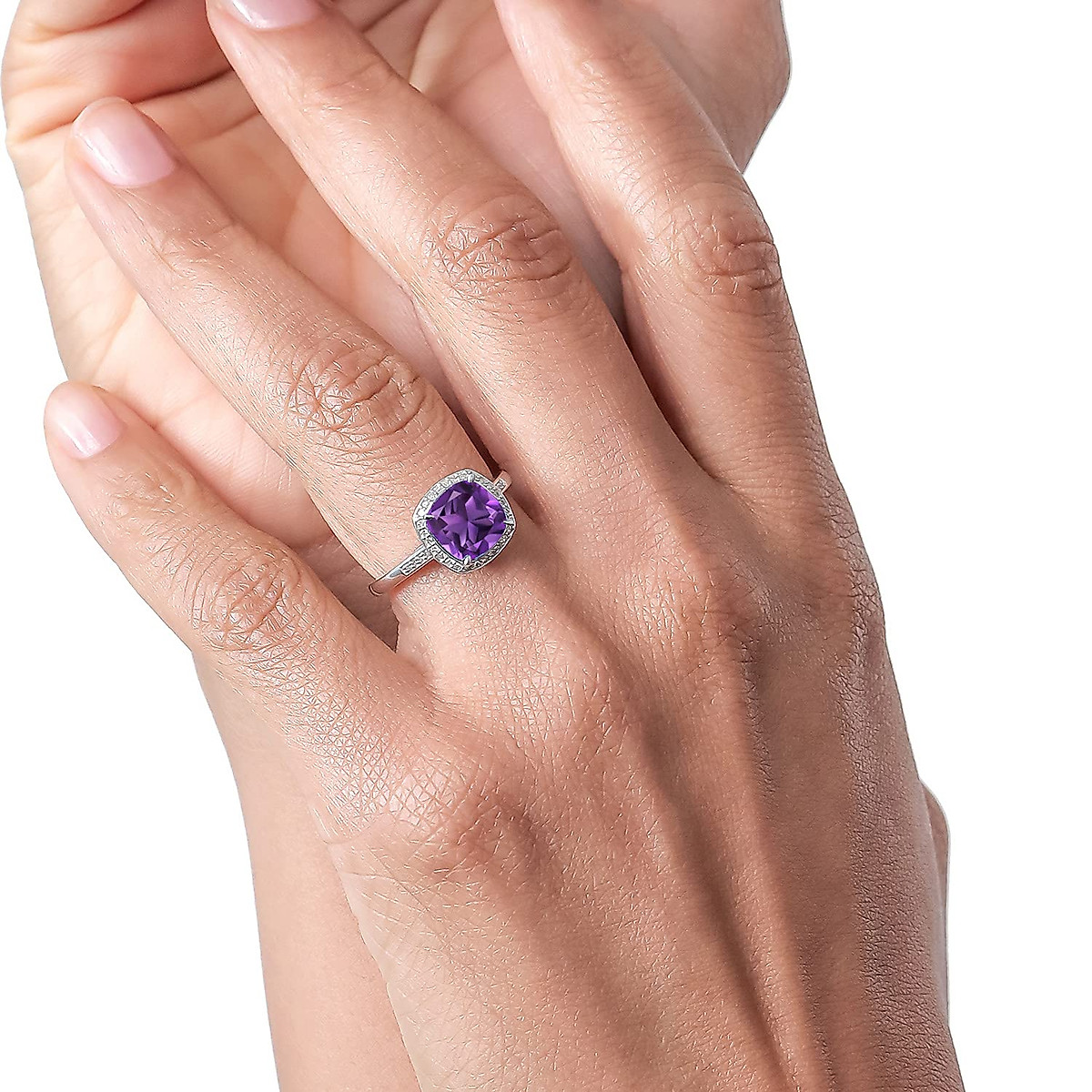 Gem Stone King 10K White Gold Cushion Cut 8MM Gemstone Birthstone and Accent Diamonds Halo Engagement Ring For Women | Wedding Anniversary Promise Ring For Women | Available In Size 5, 6, 7, 8, 9