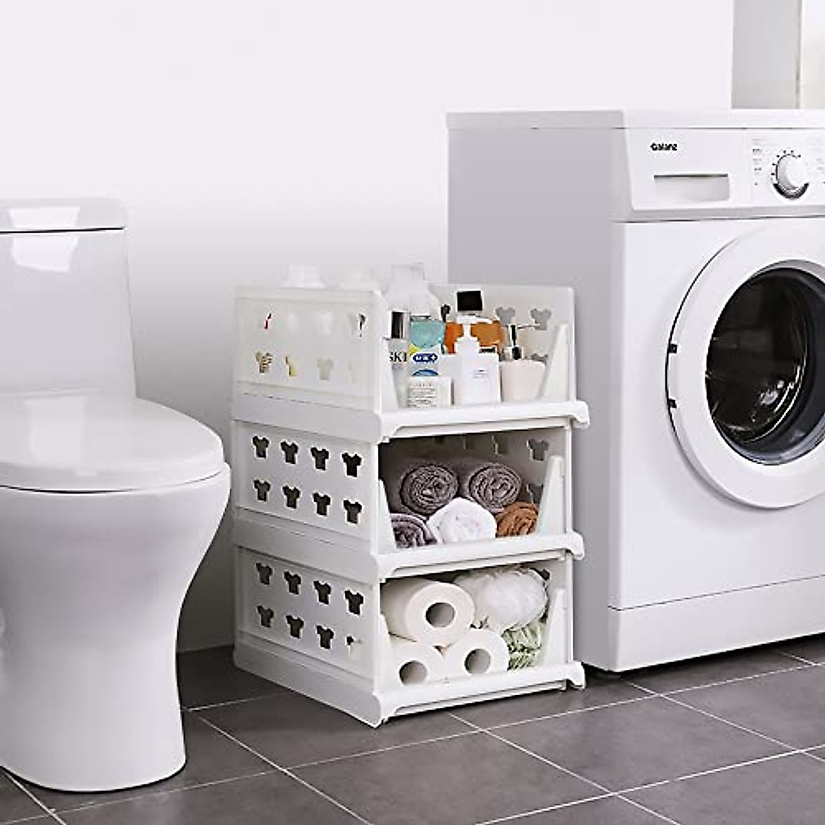 Hossejoy 4 Pack Stackable Wardrobe Closet Shelves, Plastic Clothes Drawer Organizer, Foldable Storage Bins Containers Organization with Clothes Pattern, for Kitchen Office Bedroom Bathroom (White)