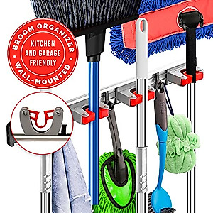 Alpine Industries Mop and Broom Holder Track - 5 Hooks 4 Holders Sliding Cleaning Tool Organizer - Heavy-Duty Adjustable Wall Mount Space Saving Storage Solution (4 Holders - 5 Hooks)