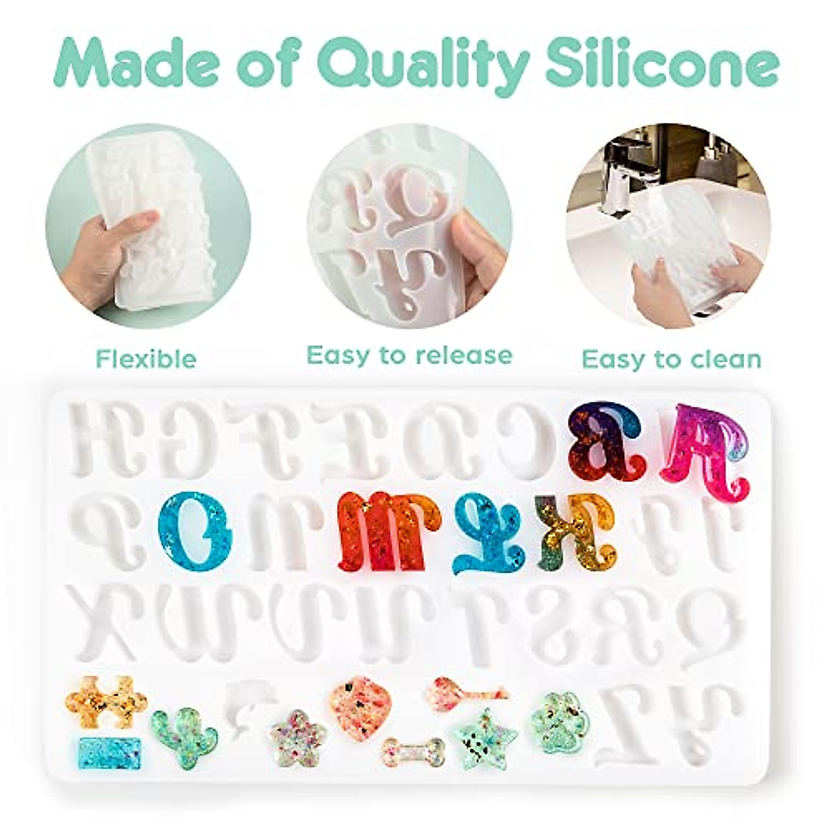 Mocoosy 182Pcs Reversed Silicone Alphabet Resin Molds Kit, Fancy Letter & Ornament Molds Epoxy Resin Casting Molds Resin Keychain Making Set with 1 Hand Drill 2 Drill Bits 30 Key Rings 100 Screw Pins