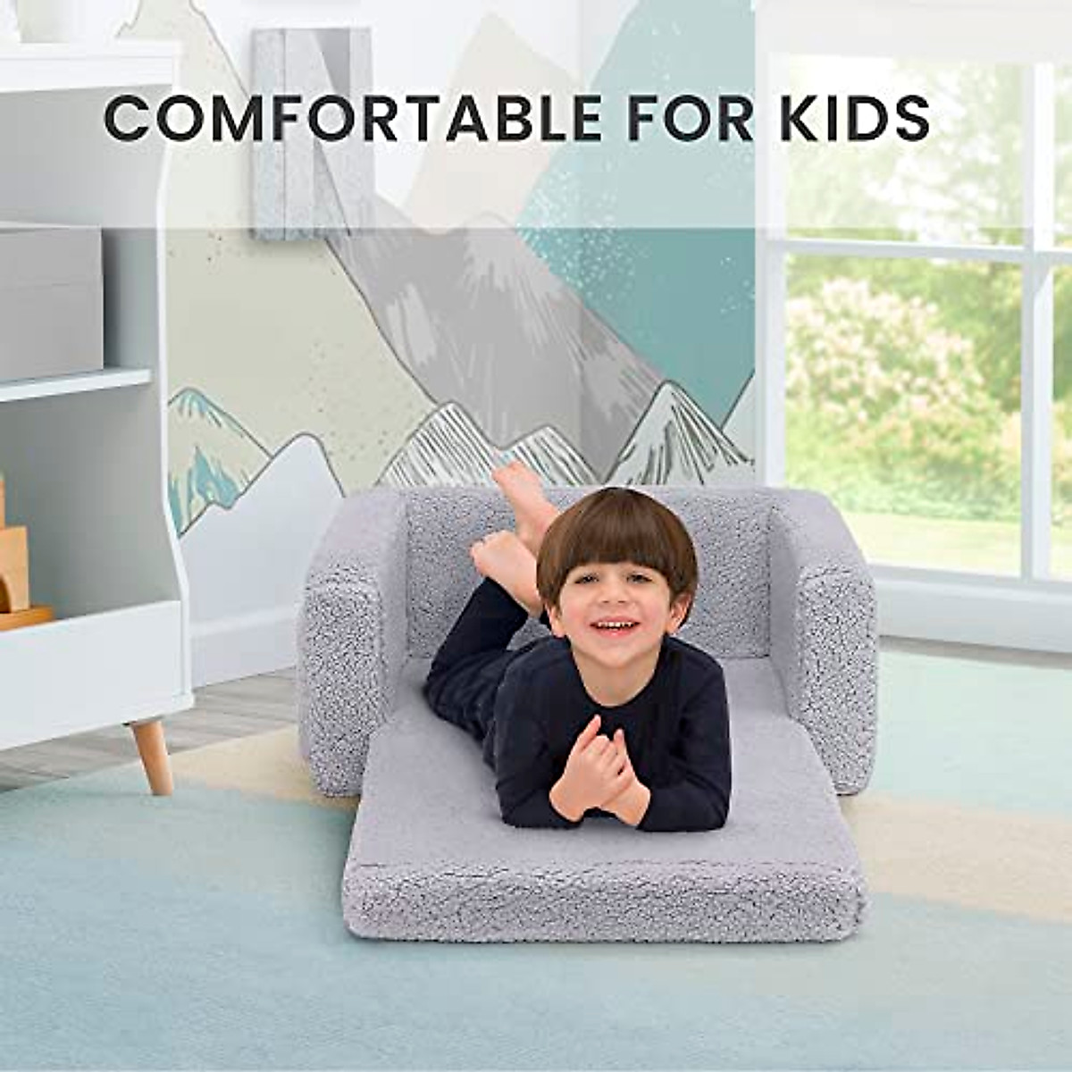 Delta Children Cozee Flip-Out Sherpa 2-in-1 Convertible Chair to Lounger for Kids, Grey