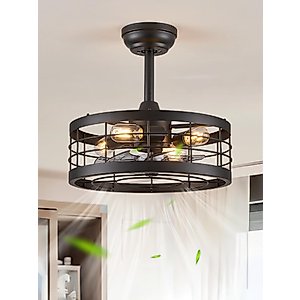 LEDIARY 16.5 inch Black Caged Ceiling Fan with Light, Bladeless Industrial Ceiling Fan with Remote, Farmhouse Fan Lights Ceiling Fixtures for Kitchen, Bedroom, Outdoor（6 Speed, Timing）-Black