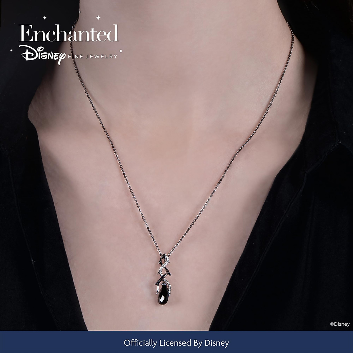 Jewelili Enchanted Disney Fine Jewelry Sterling Silver with Black Rhodium 1/10 Cttw Diamond and Onyx Maleficent Pendant