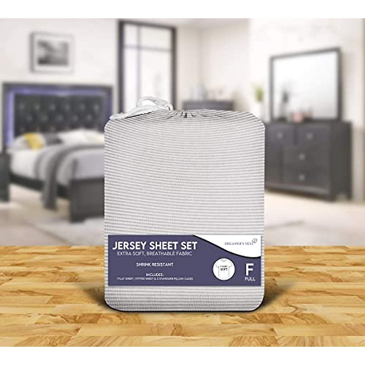 Dreamer's Nest Jersey Bed Sheet Set Cotton Blend Knit 3 Piece - 1 Flat Sheet 1 Fitted Sheet 1 Pillowcases T-Shirt Soft Stretchable Sheets All Season Bedding (Grey Stripe, Twin)