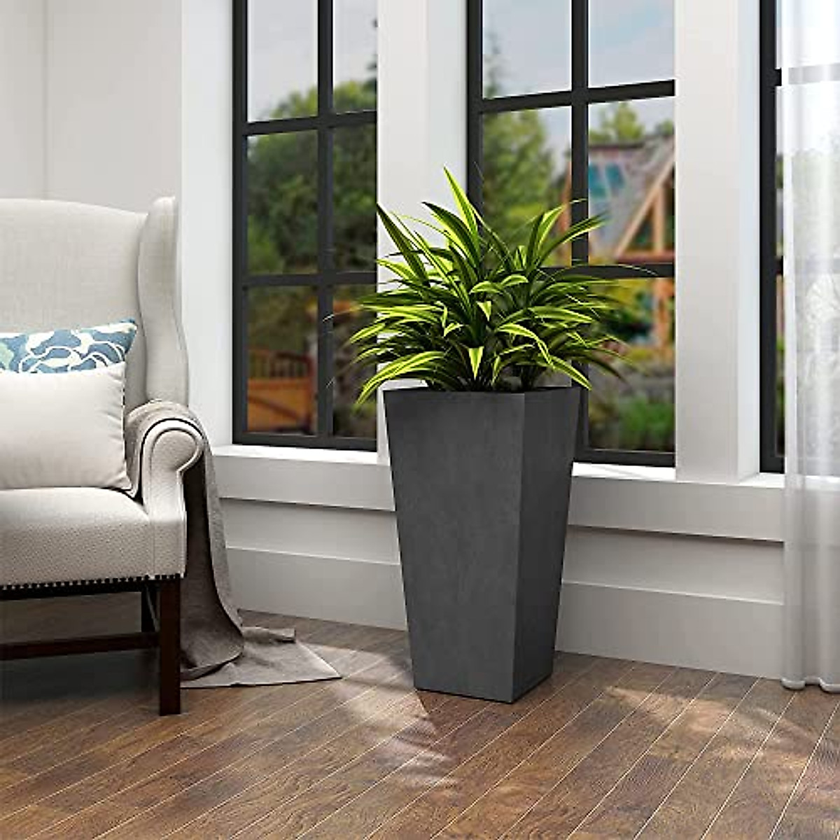 Kante 28" H Concrete Tall Tapered Planter, Large Outdoor Indoor Garden Plant Pot with Drainage Hole and Rubber Plug Home and Patio, Burnished Black Finish
