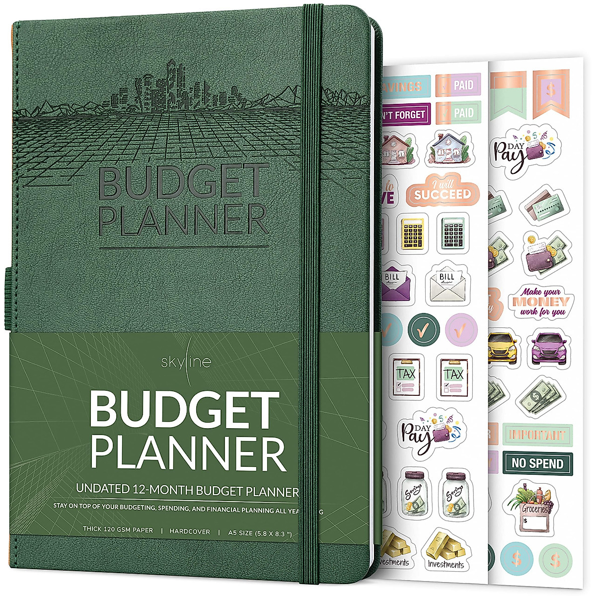Skyline Budget Planner – Undated Monthly Budgeting Book & Money Expense Tracker – Financial Notebook to Track Personal & Household Finances – Simple Budget Journal – A5 Size, Hardcover (Dark Green)
