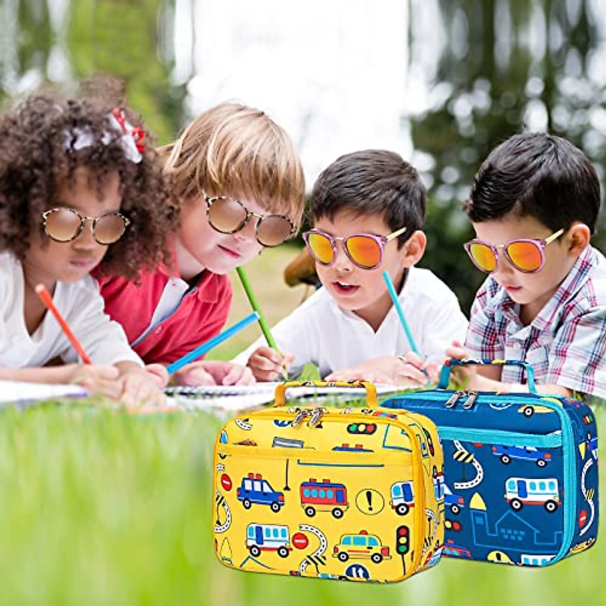 Lunch Box Kids Boys Insulated Lunch Cooler Bag Reusable Lunch Tote Kit for School Travel (Yellow City Street)