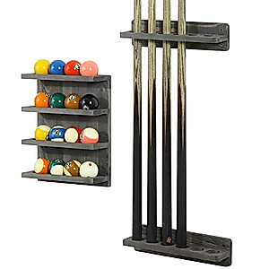 MyGift Wall Mounted Vintage Weathered Gray Wood Pool Cue Rack for 6 Cues, Billiards Accessories Holder and Ball Storage Shelf Set, 3-Piece Set