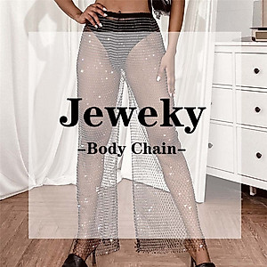 Jeweky Crystal Body Chain Sparkly Pant Chains Rave Mesh Pants Elastic See Through Body Jewelry Nighclub Body Accessories for Women