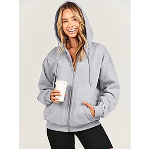 Caracilia Womens Zip Up Hoodies Oversized Long Sleeve Sweatshirts Y2K Hoodie for Teen Girls 2024 Fall Jacket Preppy Clothes Light Grey Large