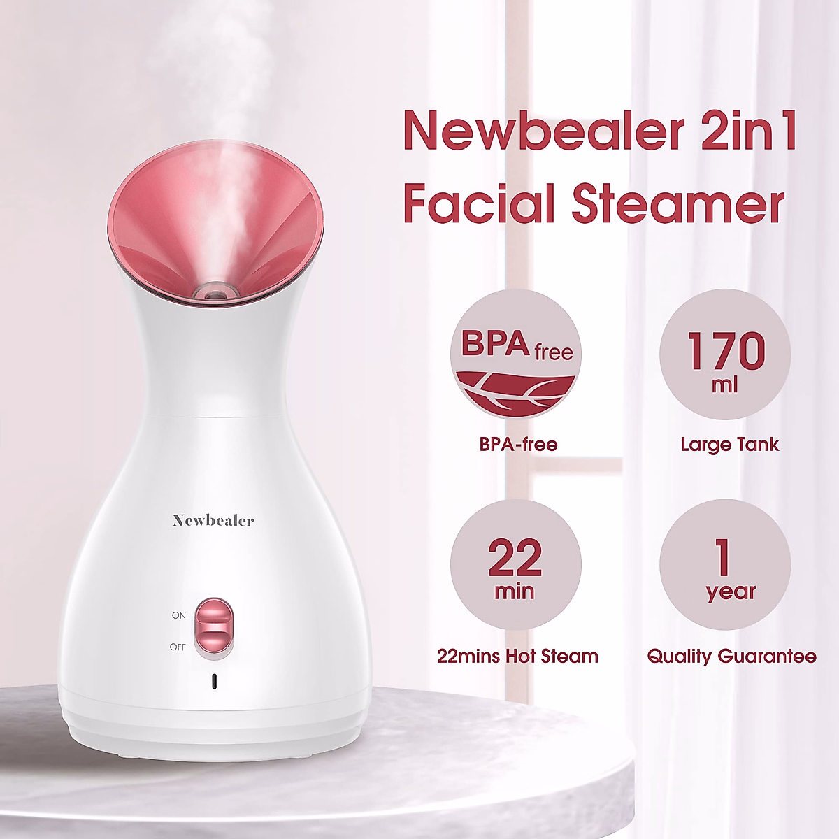 Newbealer 2in1 Facial Steamer, Hot Mist Facial Aromatherapy Humidifier Atomizer, Large Face Steamer Unclogs Pores Sinuses Moisturizing, Home Sauna Spa with Eyebrow Set (Red, 170 ml)