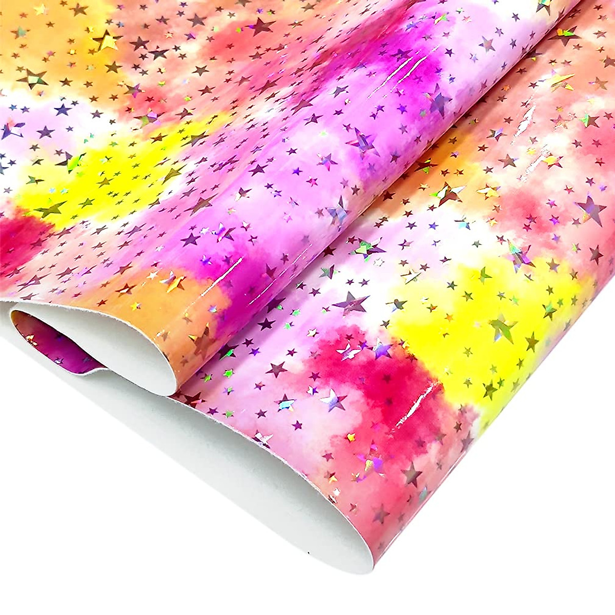 HYANG Holographic Rainbow Smudges Stars PU Faux Leather 1 Roll 12"X53"(30cmX135cm), Faux Leather Very Suitable for Crafts Making Leather Earrings, Bows, Handbag ，Sewing (Type 2)