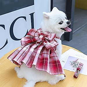 Tikwek Dog Clothes for Small Dogs Girl, Plaid Dog Dress Bow Tie Harness Leash Set, Puppy Cute Bow Skirt, Pet Outfits with Leash Ring,XS M Pet Skirt(Red,S)