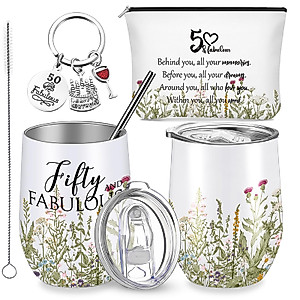 Irenare 50th Birthday Gifts for Women Fifty Fabulous Gifts for Her Happy 50th Birthday Gifts for Grandma Mom Sister Wife Aunt Friends Wine Glass Cosmetic Bag for Woman Birthday Gift(Elegant Style)