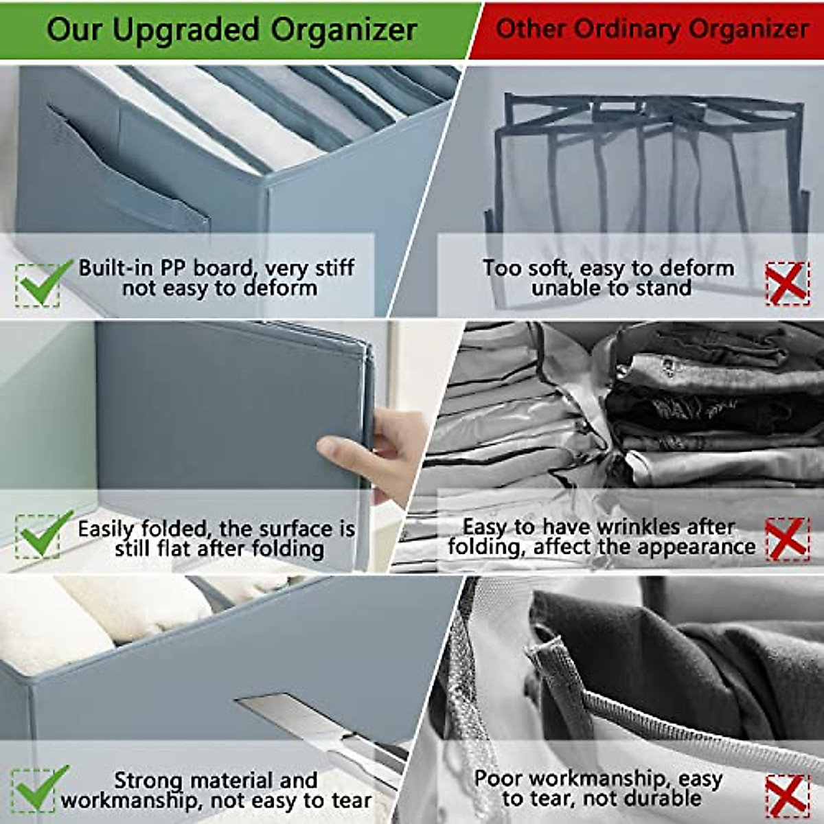 Wardrobe Clothes Organizer for Folded Clothes,Drawer Organizers for Clothing Foldable with Thickened Fabrics,Closet Storage With 9+9 Compartment Closet Organizer for Jeans Pants Bedroom Grey
