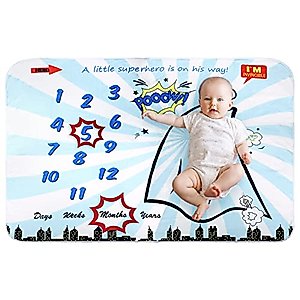 60" X 40" Superhero Baby Milestone Blanket Premium Soft Fleece Infant Month Blanket with Felt Frames Personalized Photography Backdrop Photo Prop Gifts for Newborn Boys Girls