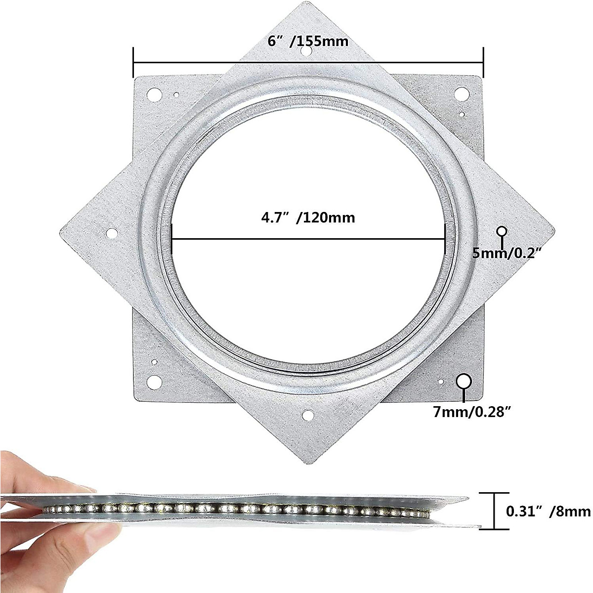 FengWu 8 Pack 6 inch Lazy Susan Hardware 5/16" Thick Square Rotating Bearing Plate with 220lbs Capacity, Zinc Plated Steel Swivel Plate for Kitchen Storage Rack, Cake, DIY Project