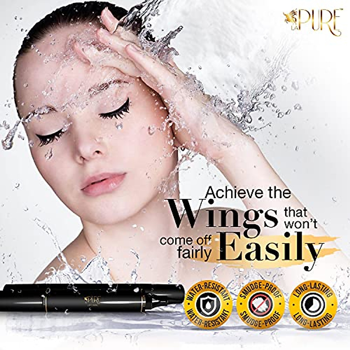 LA PURE Waterproof Liquid Eyeliner Stamp Winged Eyeliner Tool 2x Cat Eye Winged Eyeliner Stamp & Fine Tipped Pen Eyeliner Stencil Smudge Proof Black Eye Liner Tiktok Trend Items Wing Stamp Black 10mm