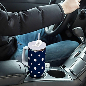 RPLIFE Navy Blue Polka Dots Stainless Steel Mug, Insulated Water Bottle with Straw, Tumbler for Men