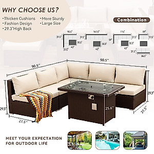 NICESOUL® Large 6 Pieces Brown Patio Furniture Sets with Gas Propane Fire Pit Table PE Wicker Modular High Back Outdoor Sectional Sofa Patio Conversation Sets with Firepit for Backyard Pool Garden
