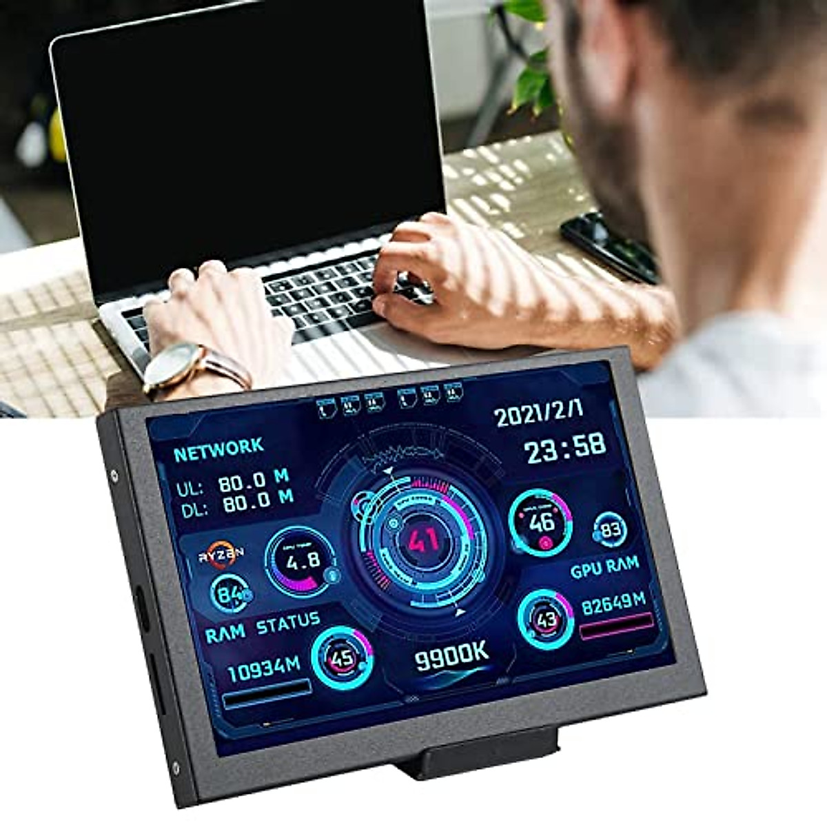 Computer Case Mini ITX Monitor, PC CPU Data Monitor, Horizontal Vertical Switch Selectable Themes for Business