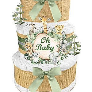 Safari Diaper Cake - Gender Neutral Baby Gift - Gender Reveal - Burlap and Sage Green