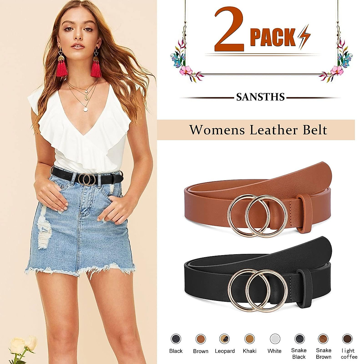 SANSTHS 2 Pack Women Leather Belts Faux Leather Jeans Belt with Double O Ring Buckle Black Brown M