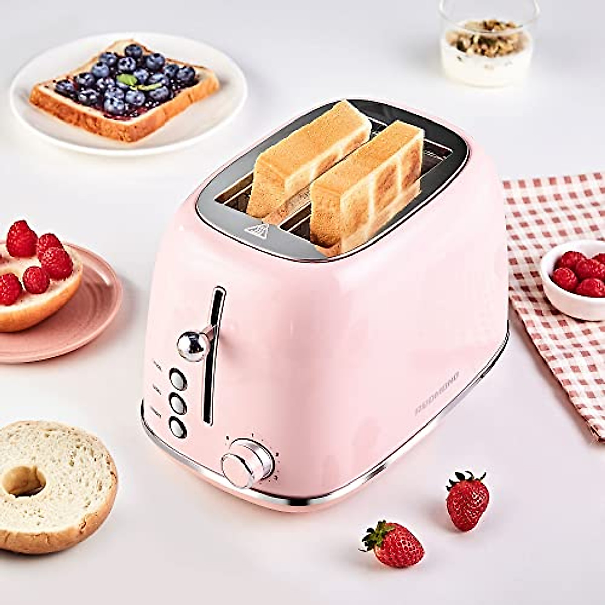 REDMOND 2 Slice Toaster Retro Stainless Steel Toaster with Bagel, Cancel, Defrost Function and 6 Bread Shade Settings Bread Toaster, Extra Wide Slot and Removable Crumb Tray, Pink, ST028