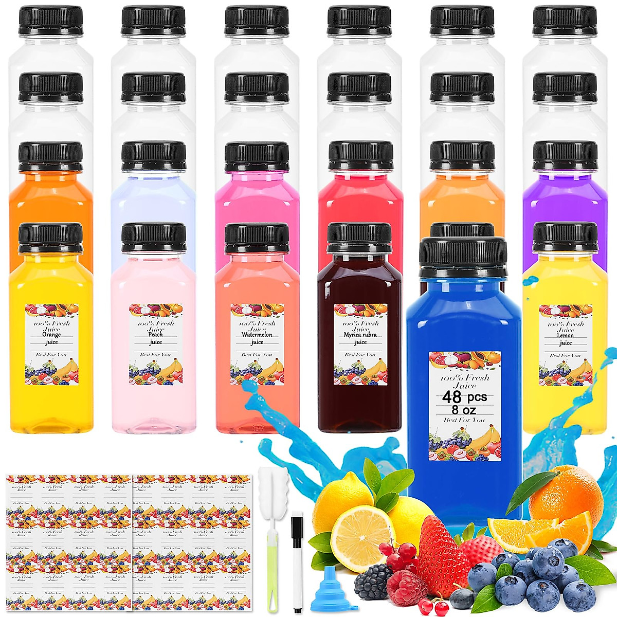 Prerrysurpasse 48pcs 8oz Empty Plastic Juice Bottles- Clear Homemade Juicing Drinks Containers with Black Tamper Proof Lids for Juicing, Smoothie,Drinking,Reusable Beverages Bottles