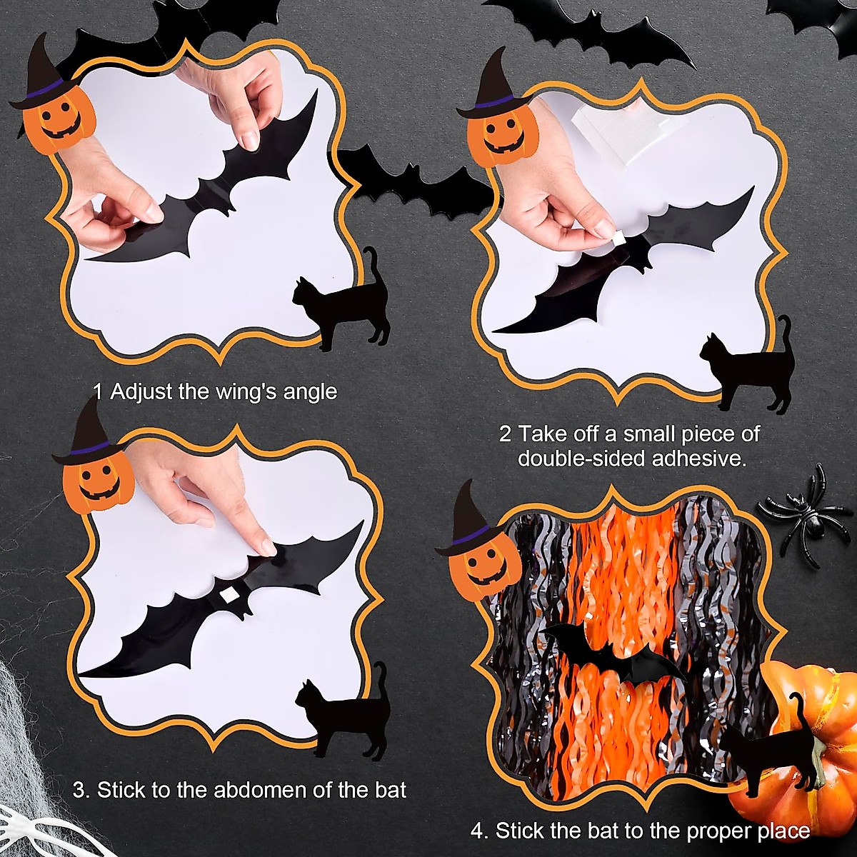 Mega-L Halloween Foil Fringe Curtains, 3 Pack Orange Black Photo Booth Props, 18 Pcs PVC Bat and Spider Stickers Decals Wall Decor Halloween Photo Backdrop for Halloween Party Decoration