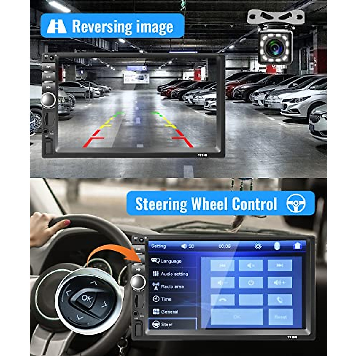 Car Radio Double Din Car Stereo, Rimoody 7 Inch Touch Screen Car Radio with Bluetooth Mirror Link USB FM Radio Audio Receiver Head Unit with Backup Camera Remote Control