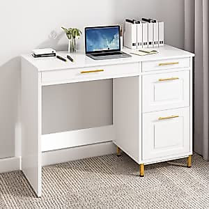 HOMBCK White Desk with Drawers, Modern White and Gold Desk with Drawers, Home Office Desk Small Computer Desk for Bedroom, Vanity Desk with 4 Drawers & Spacious Desktop, White/Gold