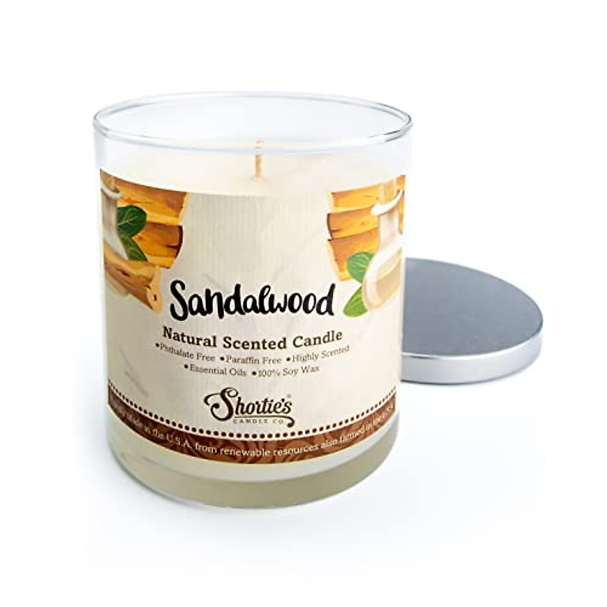 Sandalwood Scented Natural Soy Candle, Essential Fragrance Oils, 100% Soy, Phthalate & Paraben Free, Clean Burning, 9 Oz.