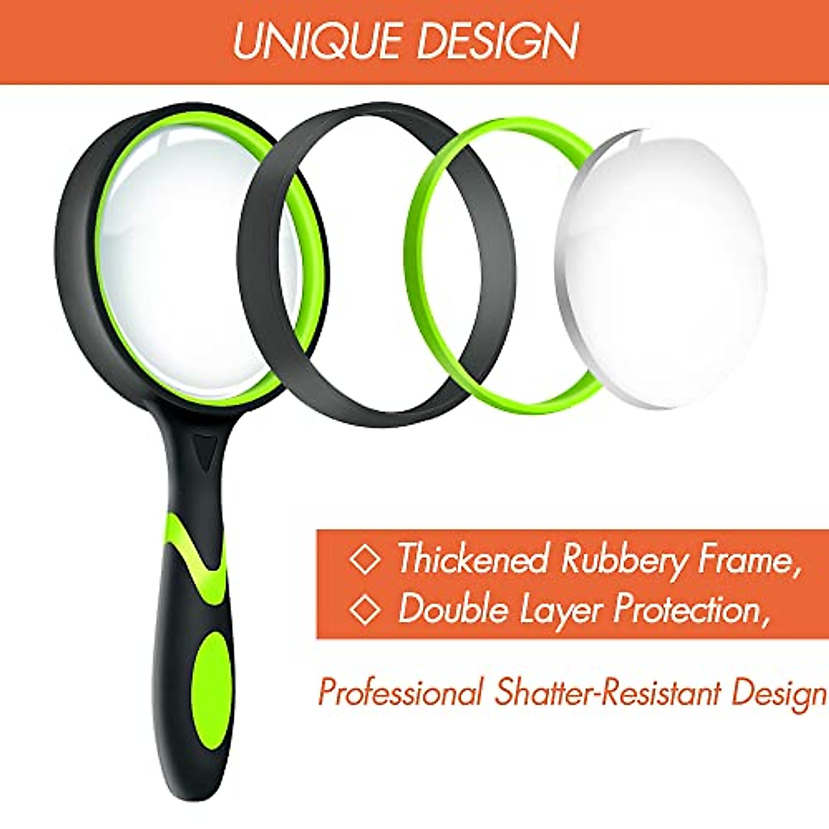 Leffis 2 Pack 10X Magnifying Glass for Seniors & Kids, Non-Slip Handheld Magnifier for Reading, 75mm Magnify Glasses Lens for Close Work, Science and Hobby Observation（Green and Orange