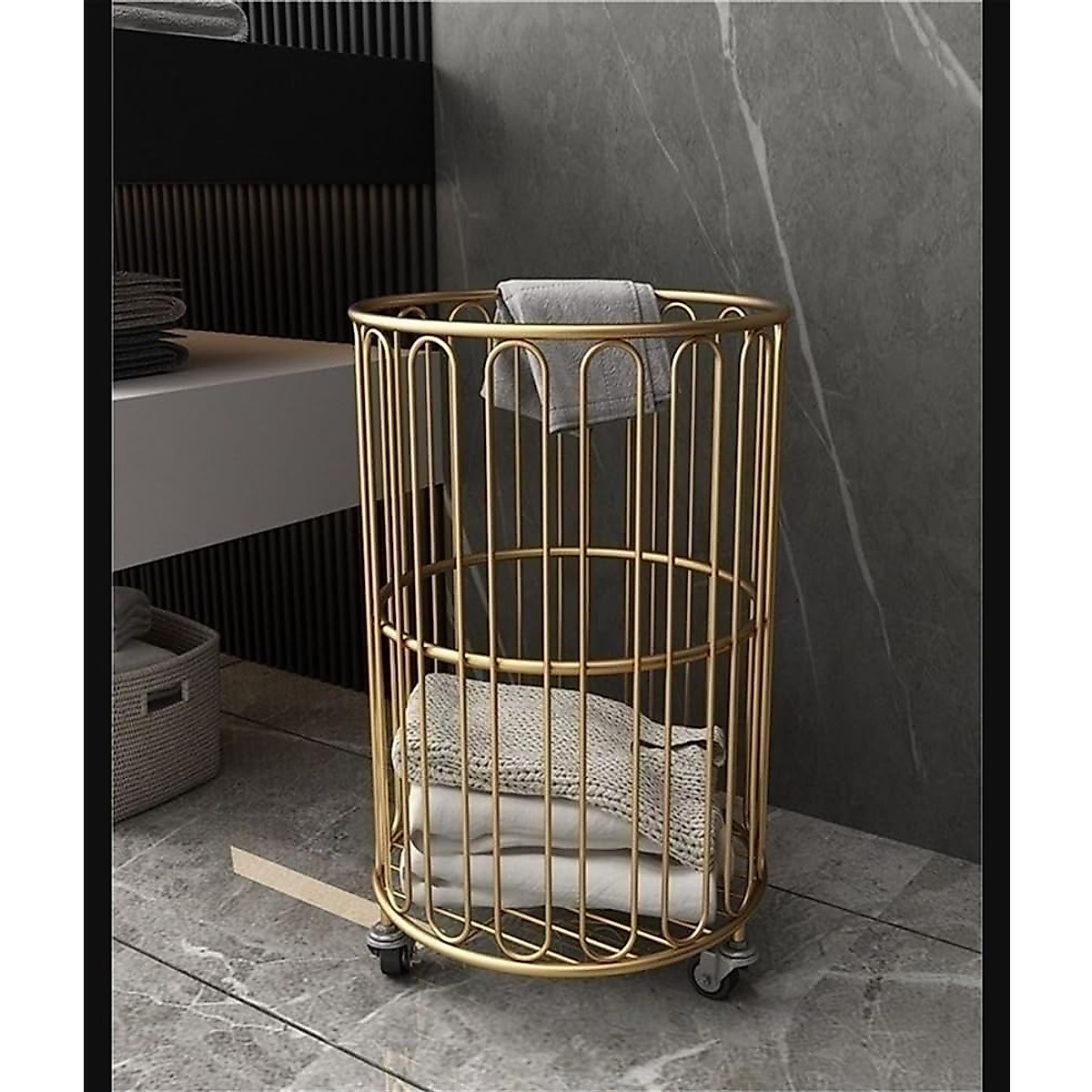 OVARIA Rolling Hamper with Wheels, Round Mesh Metal Laundry Hamper, Square Clothes Basket, Laundry Rolling Cart for Bathroom Bedroom Storage Dirty Clothes Storage(Color:Gold,Size:Round)