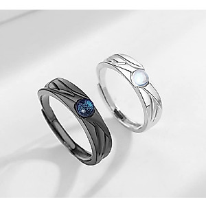 Awmnjtmgpw 925 Sterling Silver Retro Glazed Moonstone Ring Angel and Devil Couple Ring Black (Black)