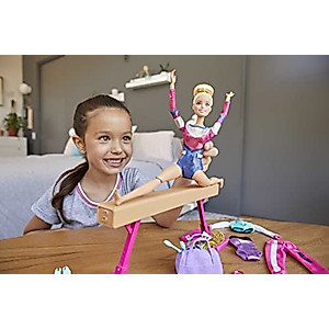 Barbie Gymnastics Playset with Doll and 15+ Accessories, Twirling Gymnast Toy with Balance Beam, Blonde Doll
