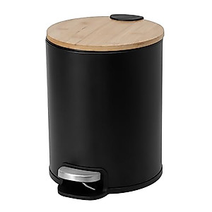 ACENTO Round Soft-Close Step On Bathroom Wastebin, 1.3 Gallon Trash Can with Premium Pedal and Bamboo lid (Matte Black and Natural Bamboo)