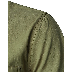 ZEROYAA Men's Fitted Cotton Linen Casual Short Sleeve Button Up Shirts Lightweight Beach Tops with Pocket ZLSC34-Avocado Green Medium