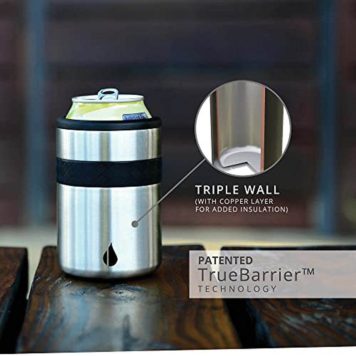 Elemental Insulated Can Cooler, Triple Wall Stainless Steel Can Cooler Insulator - Drink Cooler Cup for 12oz Regular Beer, Soda, Sparkling Water - Brushed Steel