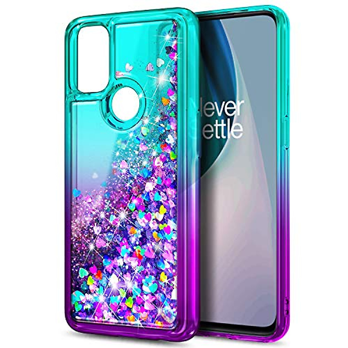 NZND Case for OnePlus Nord N10 5G with Tempered Glass Screen Protector (Full Coverage), Sparkle Glitter Flowing Liquid Women Girls Cute Phone Case (Aqua/Purple)