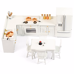 SAMCAMI Wooden Dollhouse Furniture Set - Miniature Dollhouse Furniture 1 12 Scale for Dollhouse Kitchen - Doll House Furniture Toys Incl Kitchen Cabinets, Dining Table, Refrigerator and Others (White)
