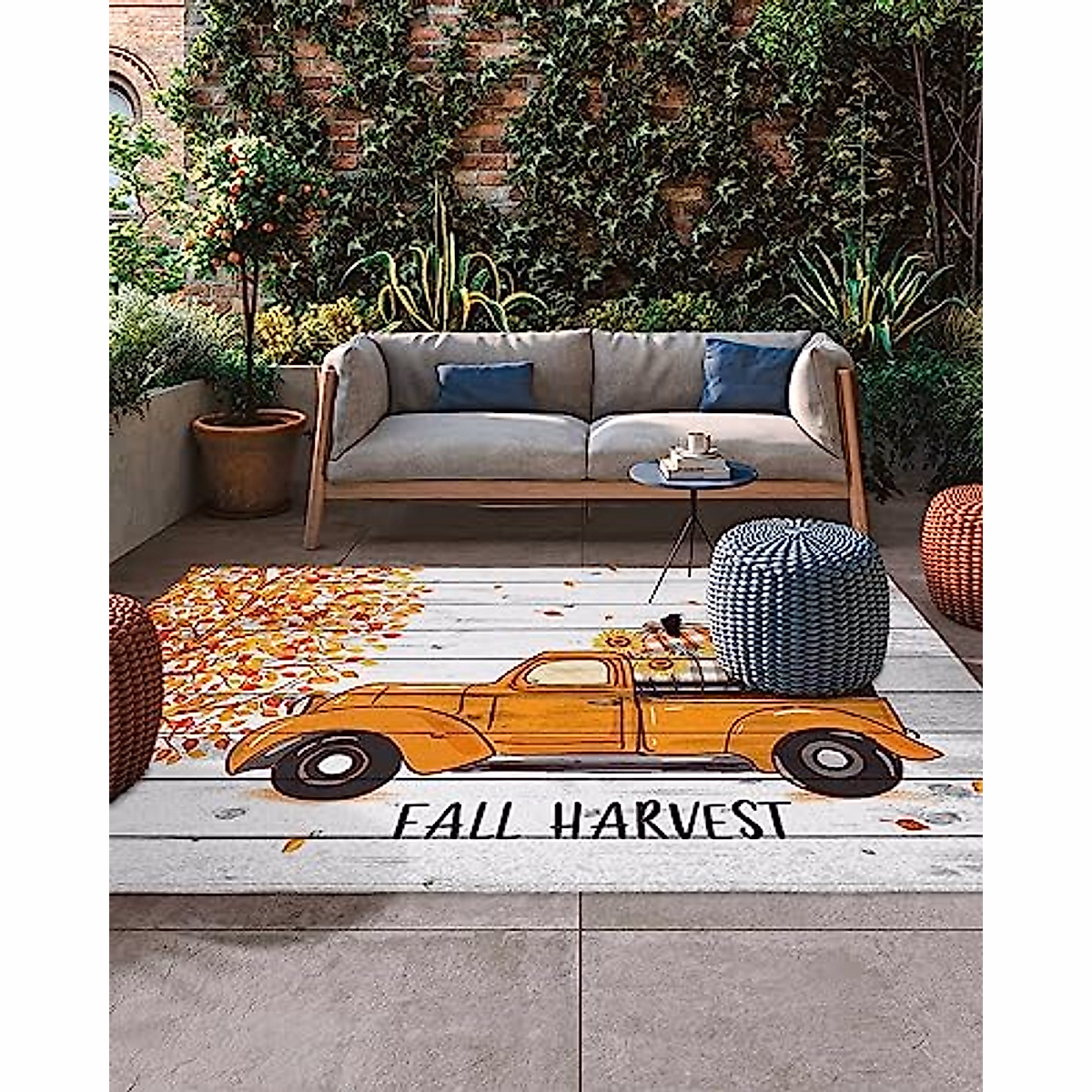 Outdoor Area Rug for Patio,Thanksgiving Autumn Farm Truck Pumpkins Camping Rugs Indoor Large Floor Mat 4x6ft,Fall Orange Leaf Flowers on Wooden Outside Carpet for Deck RV Picnic Porch Backyard