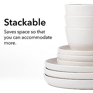 ARORA SKUGGA Round Stoneware 16pc Double Bowl Dinnerware Set for 4, Dinner and Side Plates, Cereal and Pasta Bowls - Matte White (466077)