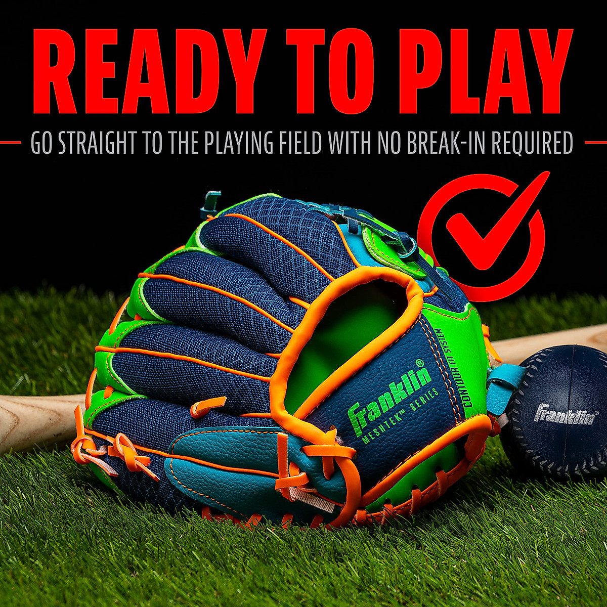 Franklin Sports Baseball Gloves - Meshtek Child's Tball Glove + Ball - Boys + Girls Teeball Mitt Set - Kids + Toddler Right Hand Throw - 9.5" - Navy/Lime/Orange