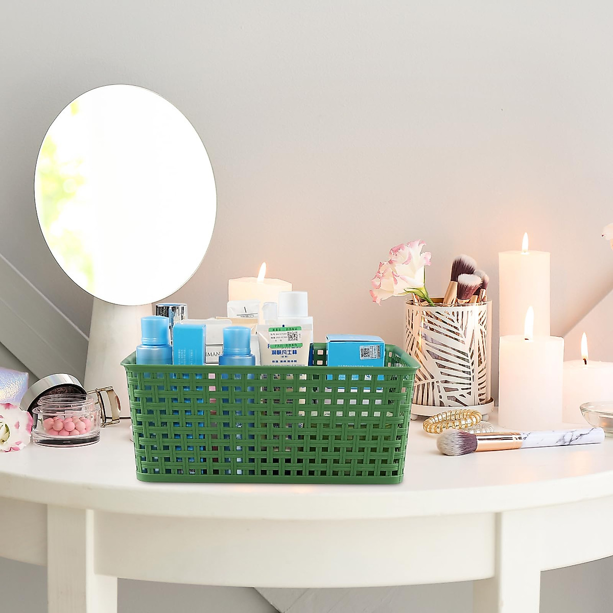 Taysisiter Plastic Weave Storage Basket, Plastic Storage Shelf Basket, 4 Packs