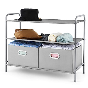 MaidMAX 3 Tiers Closet Shelf Organizer with 2 Drawers for Home Storage and Organization, Silver Grey