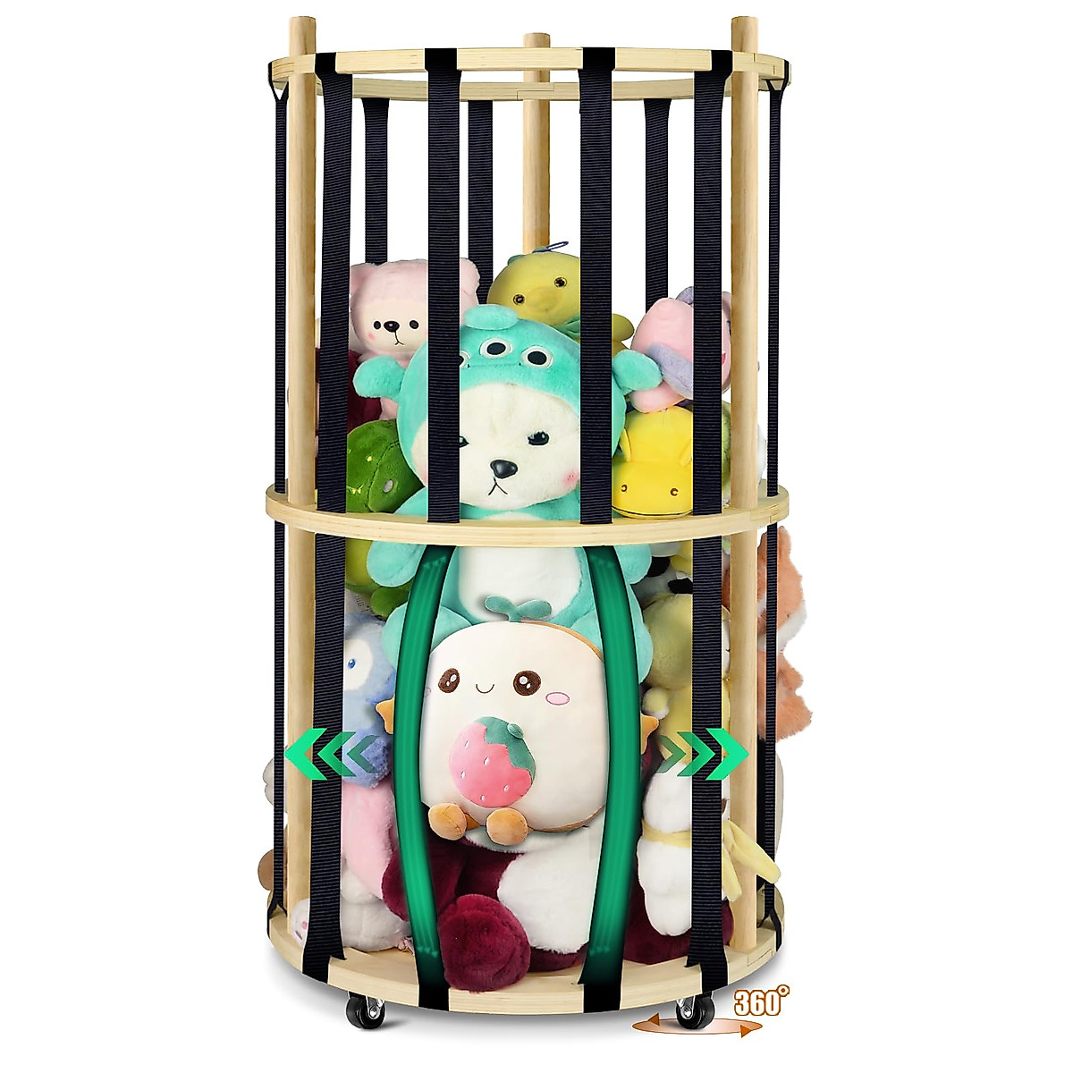 Stuffed Animal Organizer, Toy Organizer Cage with Wider Elastic Band for Small Medium Large Plush Holder, Round Wooden Storage Bins for Boys Girls, Nursery Play Room